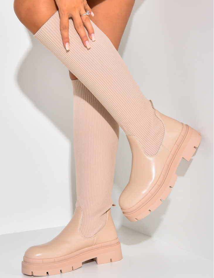 Dual-Material Sock Boots with Chunky Soles