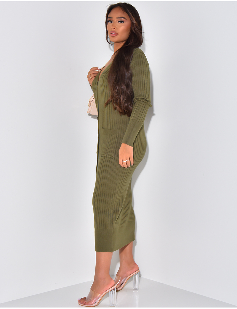 Ribbed long sweater dress with buttons