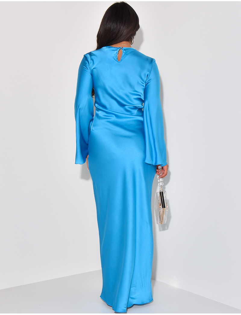 Robe longue en satin effet croisé sur l'avant