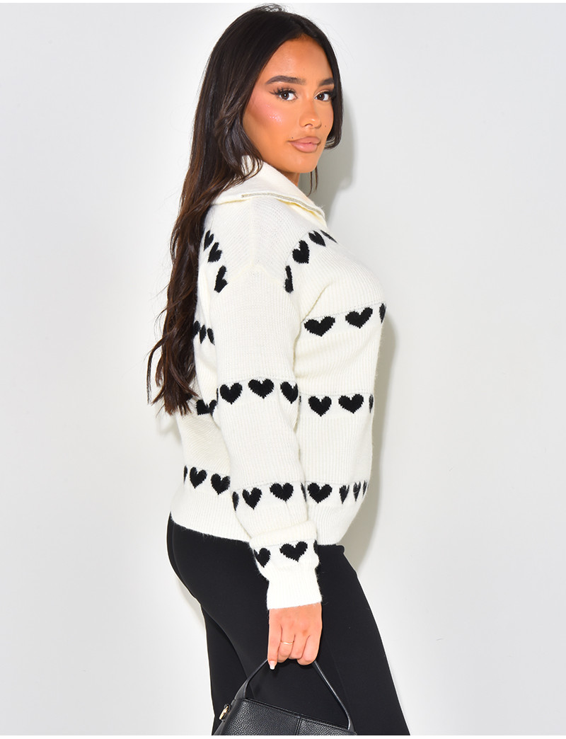 Pull en laine avec col à zip et motifs coeurs