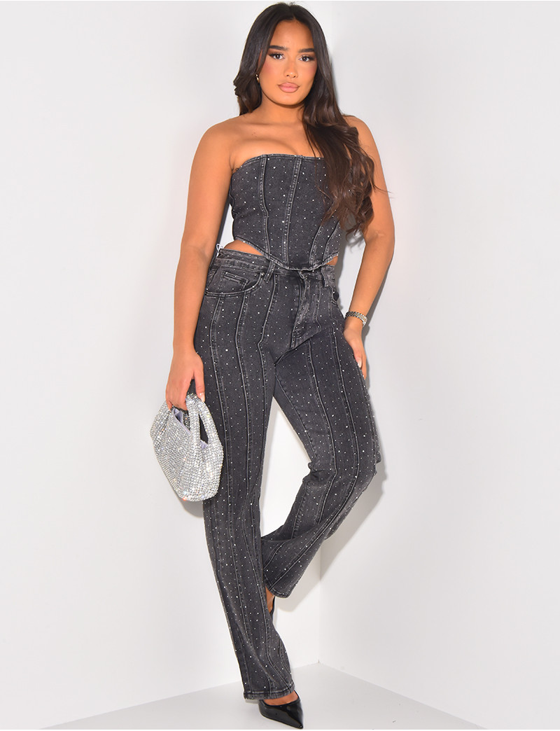 Crop-top bustier en jeans à strass