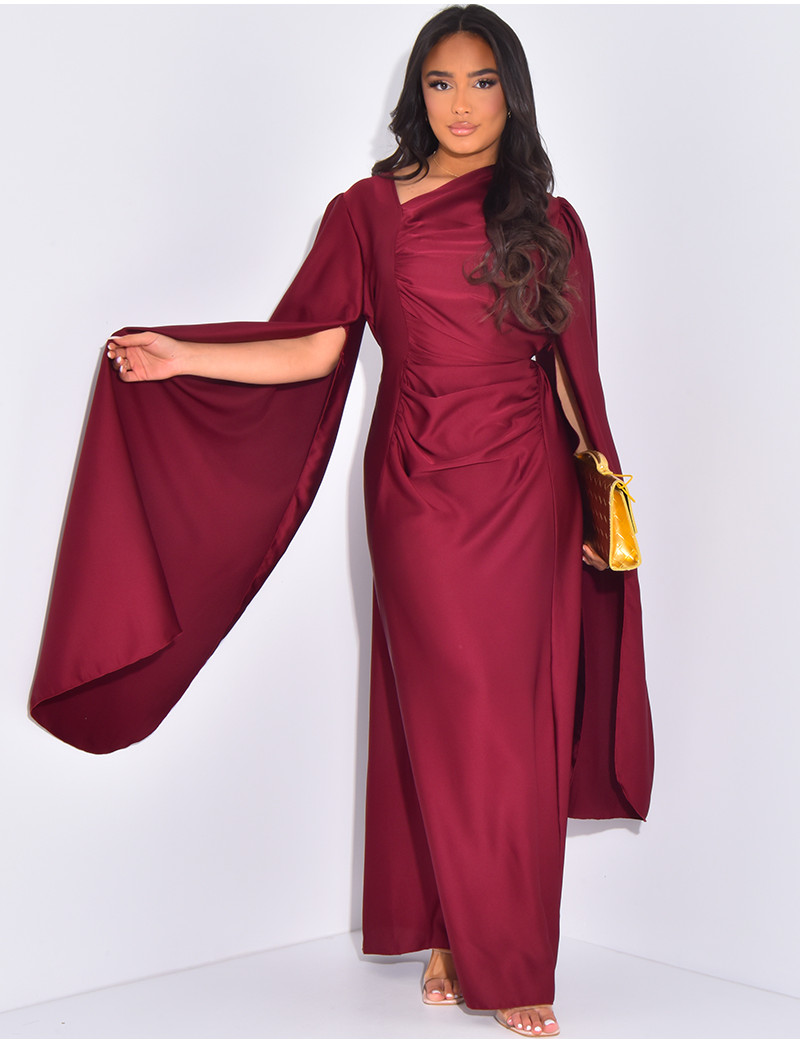 Gathered satin long dress with long sleeves