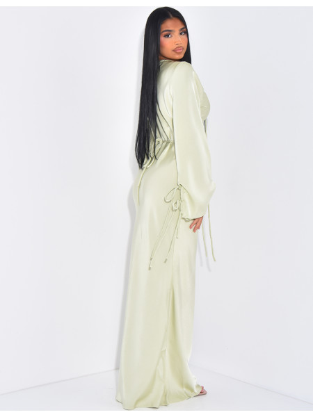 Very long dress in premium satin with tie fastening