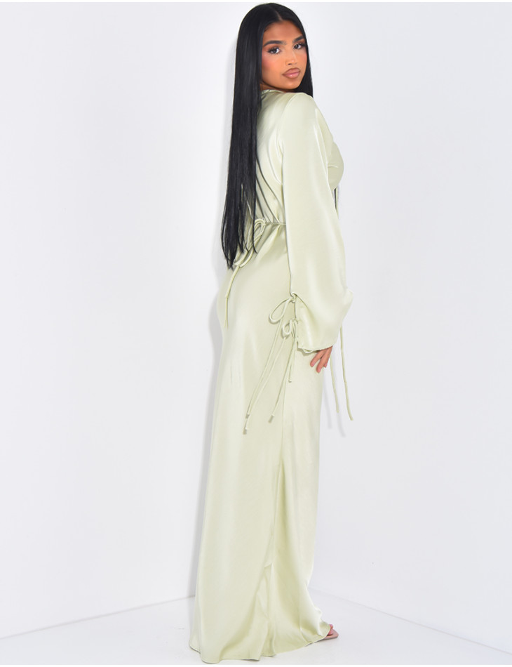Very long dress in premium satin with tie fastening