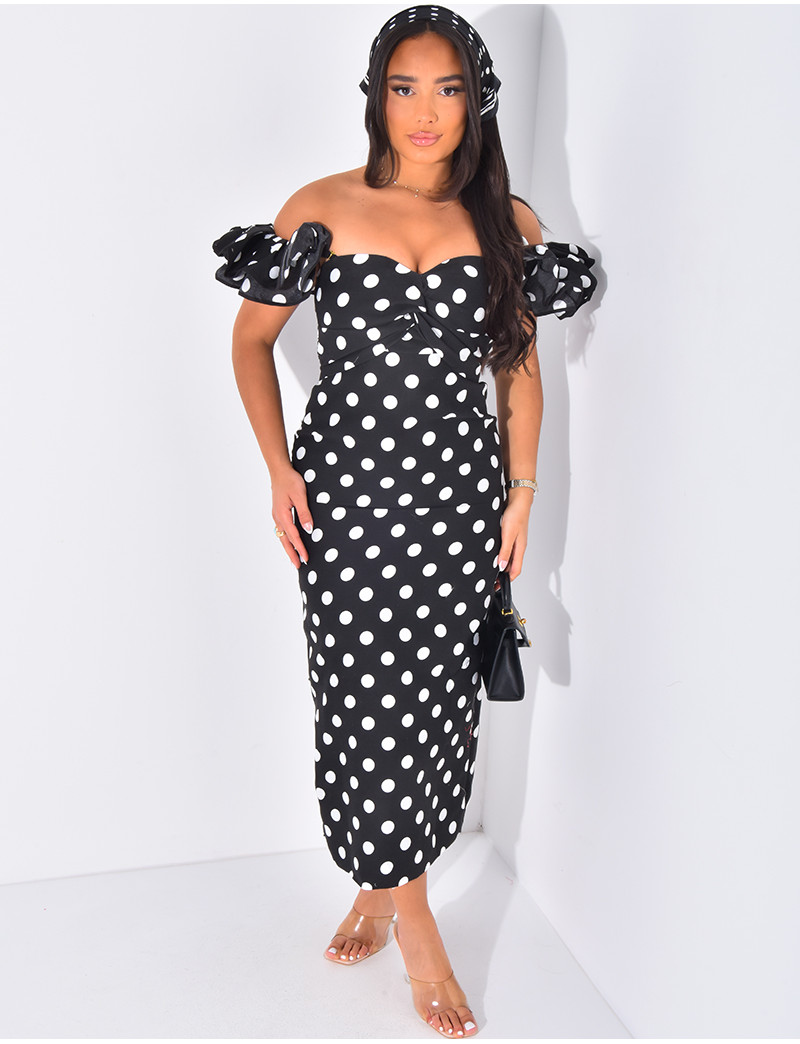 Robe longue col bardot à pois et volants