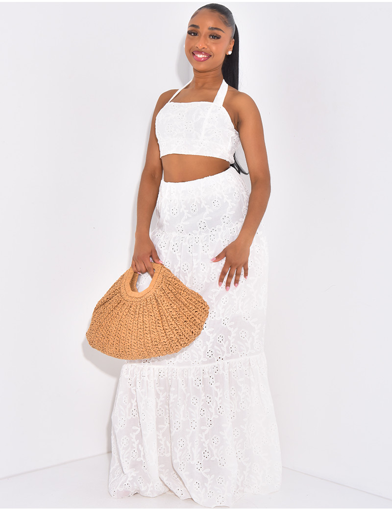 Ensemble jupe longue et crop top brodé en coton