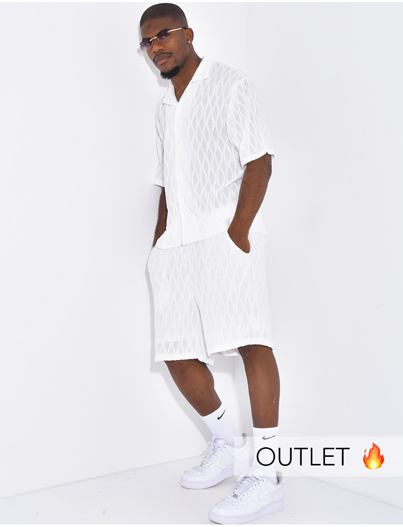 Ensemble texturé short et chemise manches à motifs vague en relief