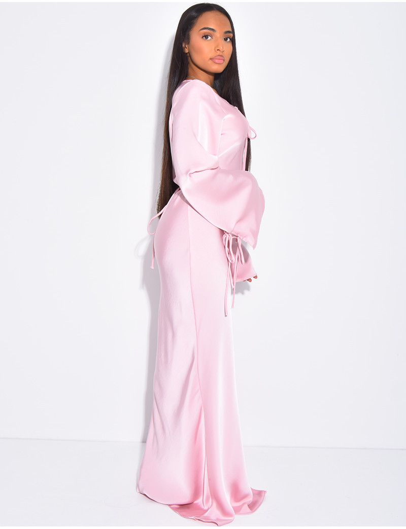 Very long dress in premium satin with tie fastening