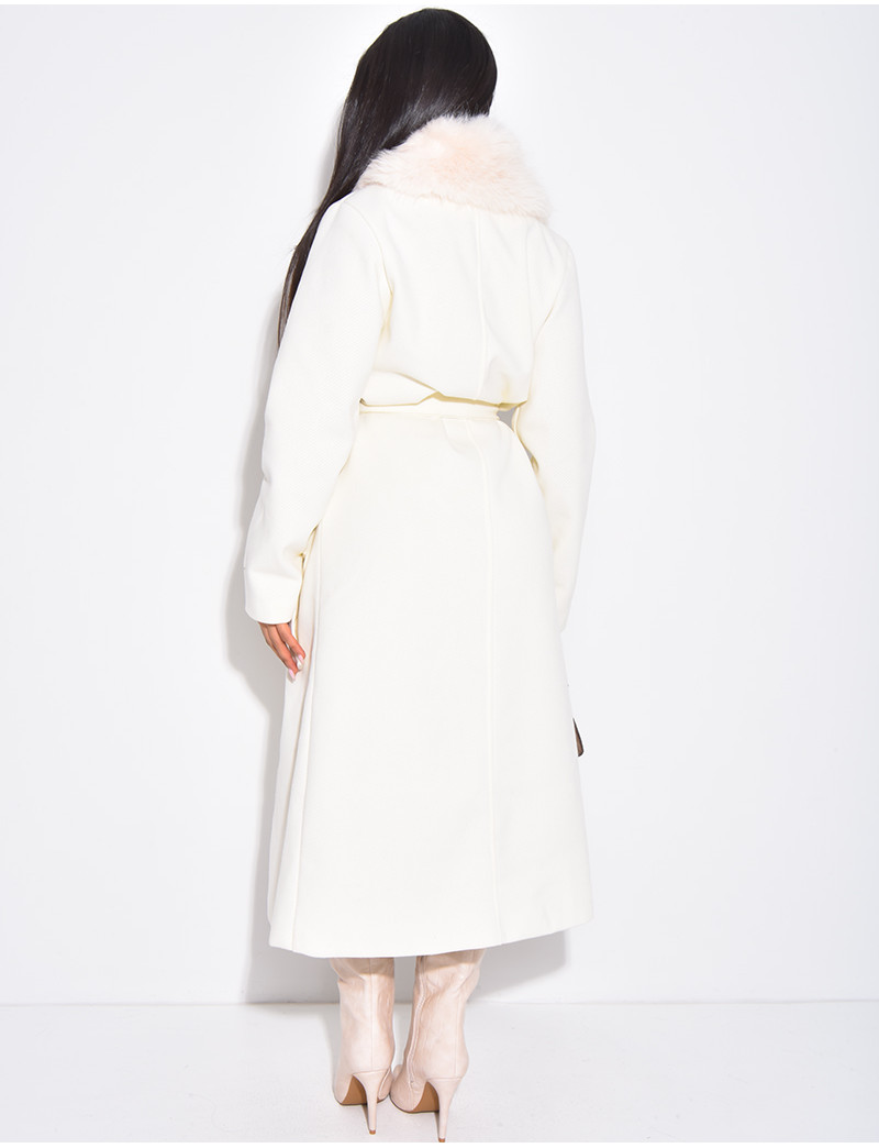 Manteau long et texturé en feutrine à col en fourrure